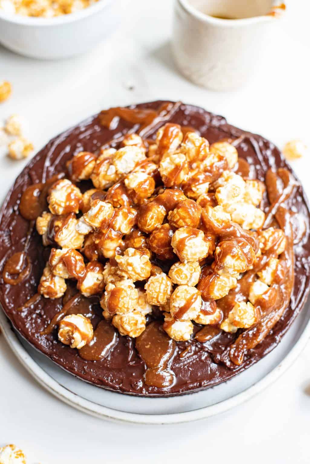 Fun Chocolate Popcorn Cake Recipe With Caramel Sauce - The Seaside Baker